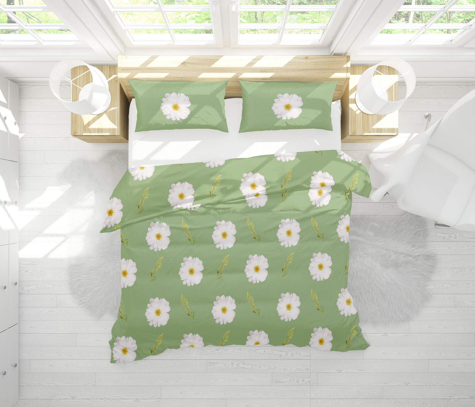 Custom Size Nature Flower Duvet Set, 3 Pcs Green-daisy Duvet Cover Set ...