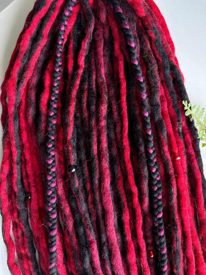 Wool Dreadlocks Dreads DE Extensions Red Black Violet Mix Soft Full Set ...