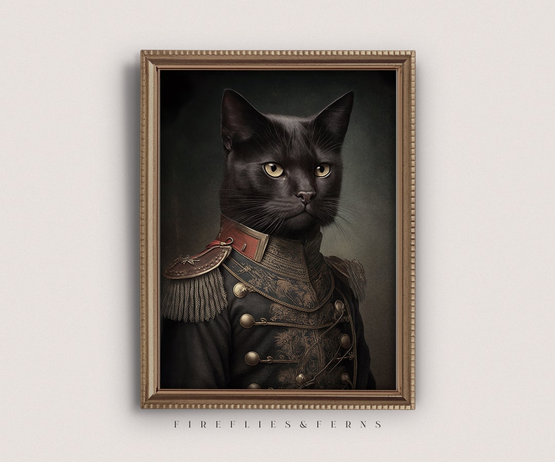 Military Cat Dark Aesthetic Print, Vintage Victorian Cat Oil Painting ...