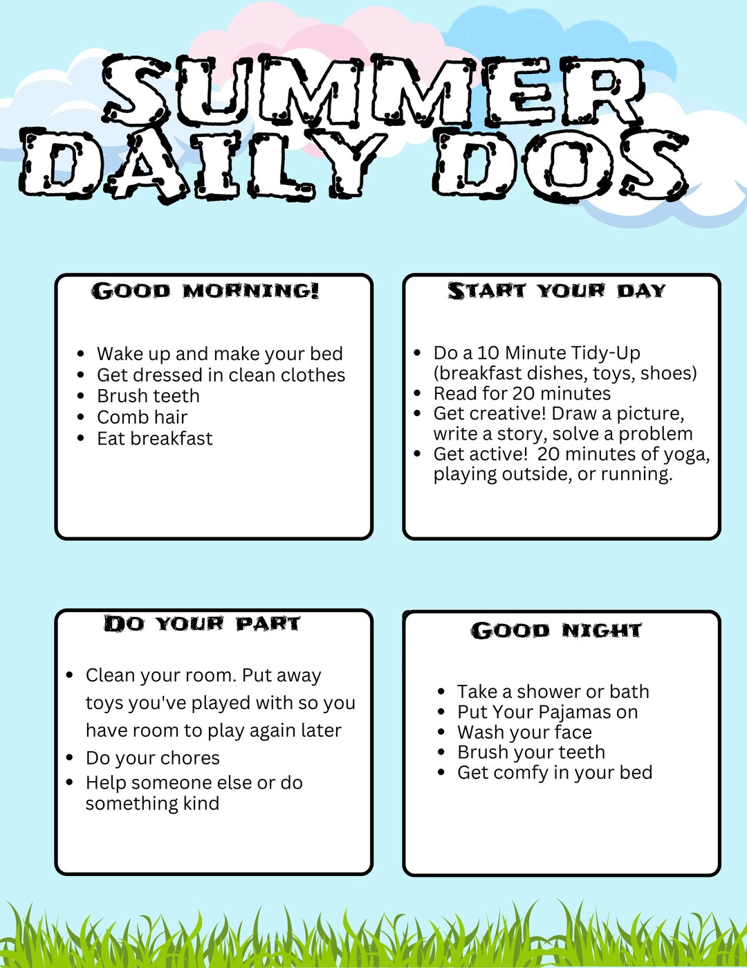 Summer Daily Dos Chart, Summertime to Dos for Kids, Kid Activity Chart ...