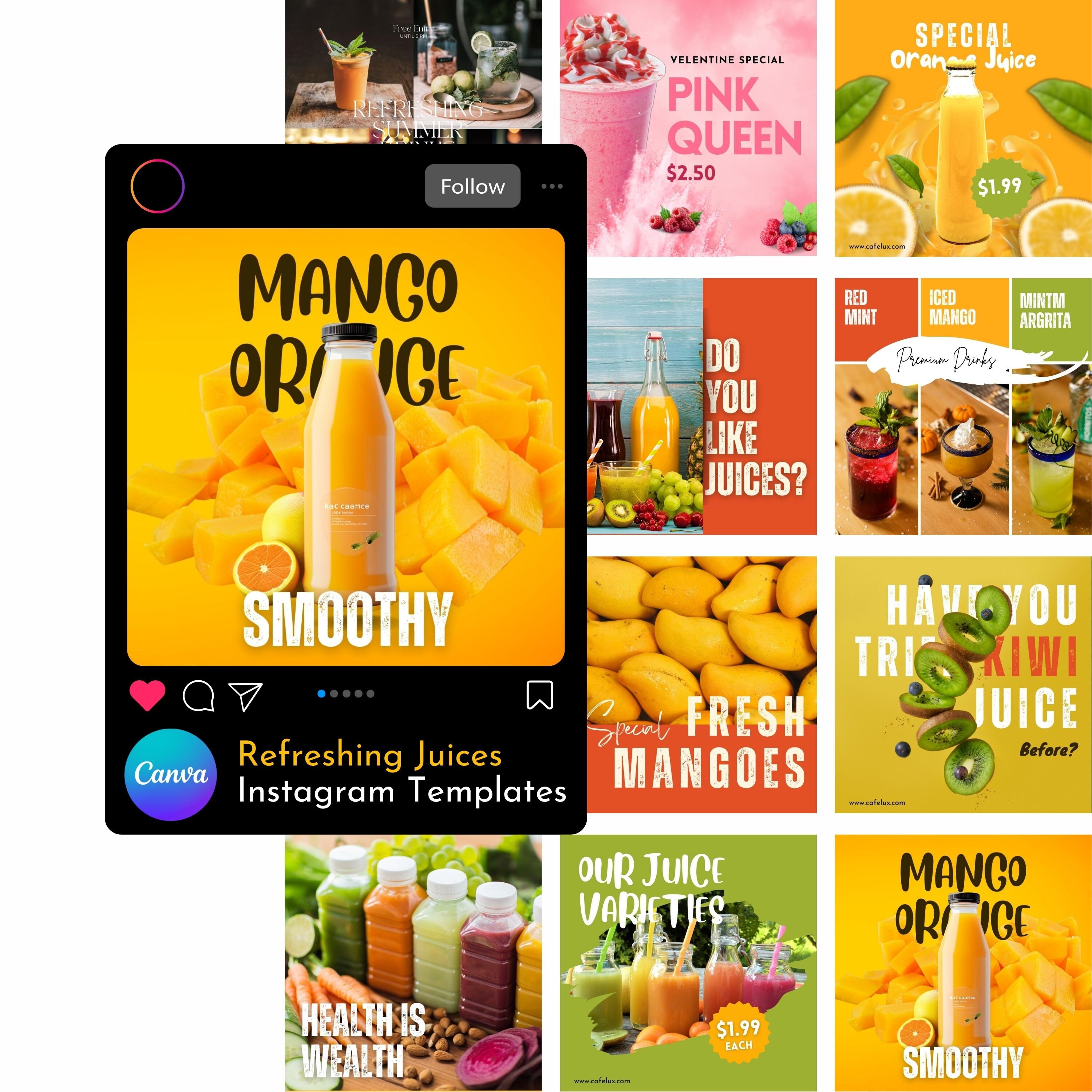 10 Juices Instagram Templates | Refreshing Drinks Canva Instagram ...