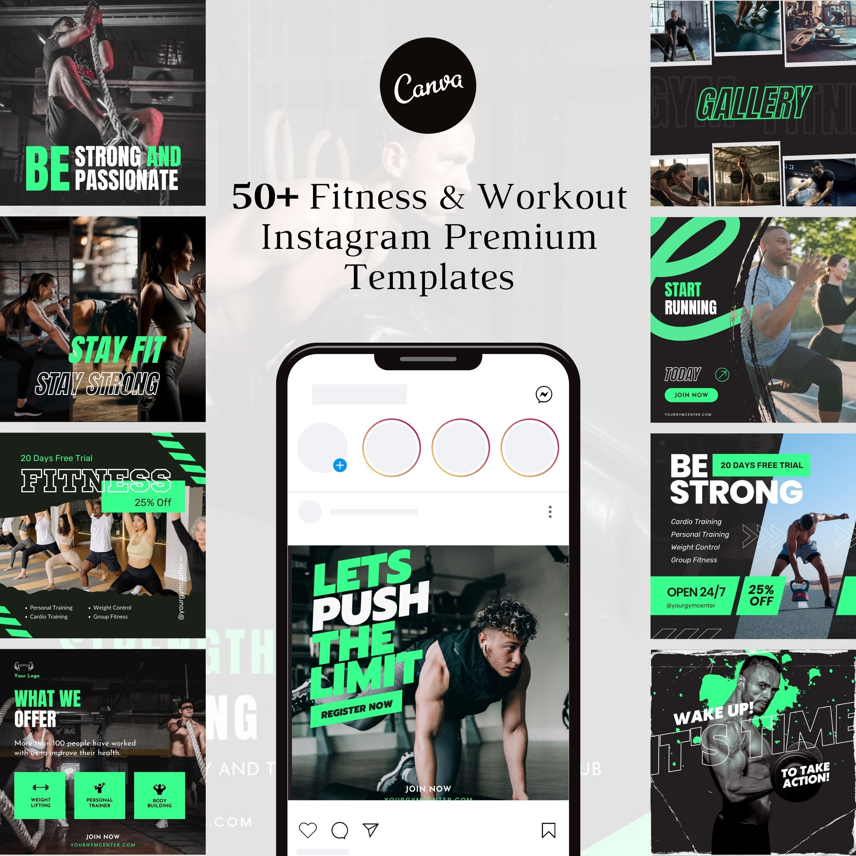 50 + Fitness Instagram Templates Pack | Workout Instagram Posts | Canva ...