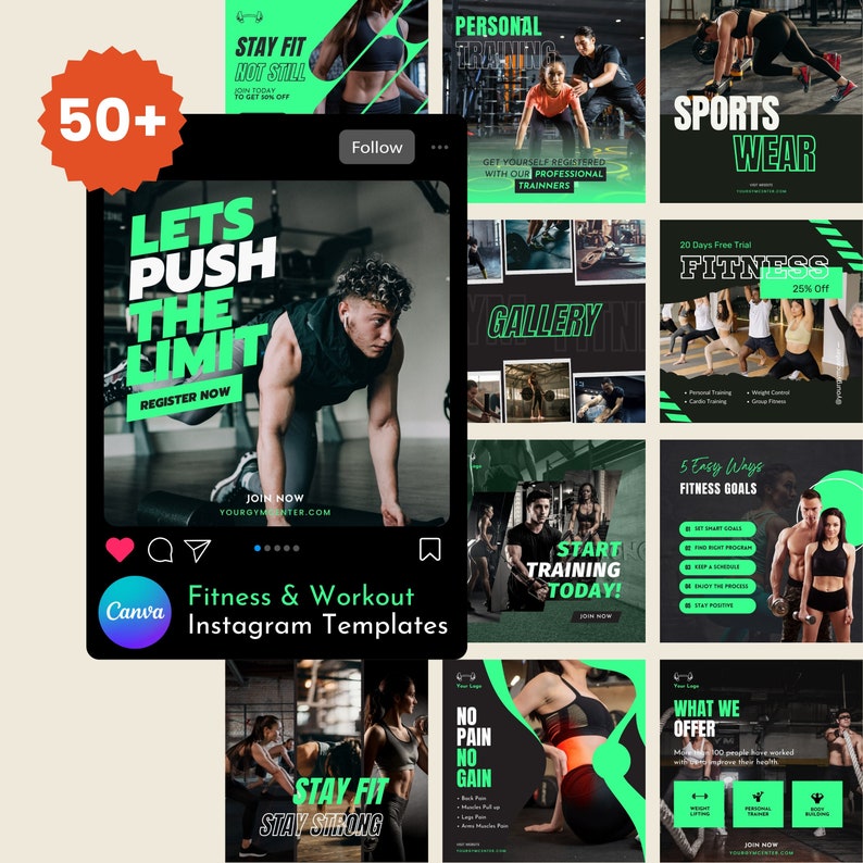 50 + Fitness Instagram Templates Pack | Workout Instagram Posts | Canva ...