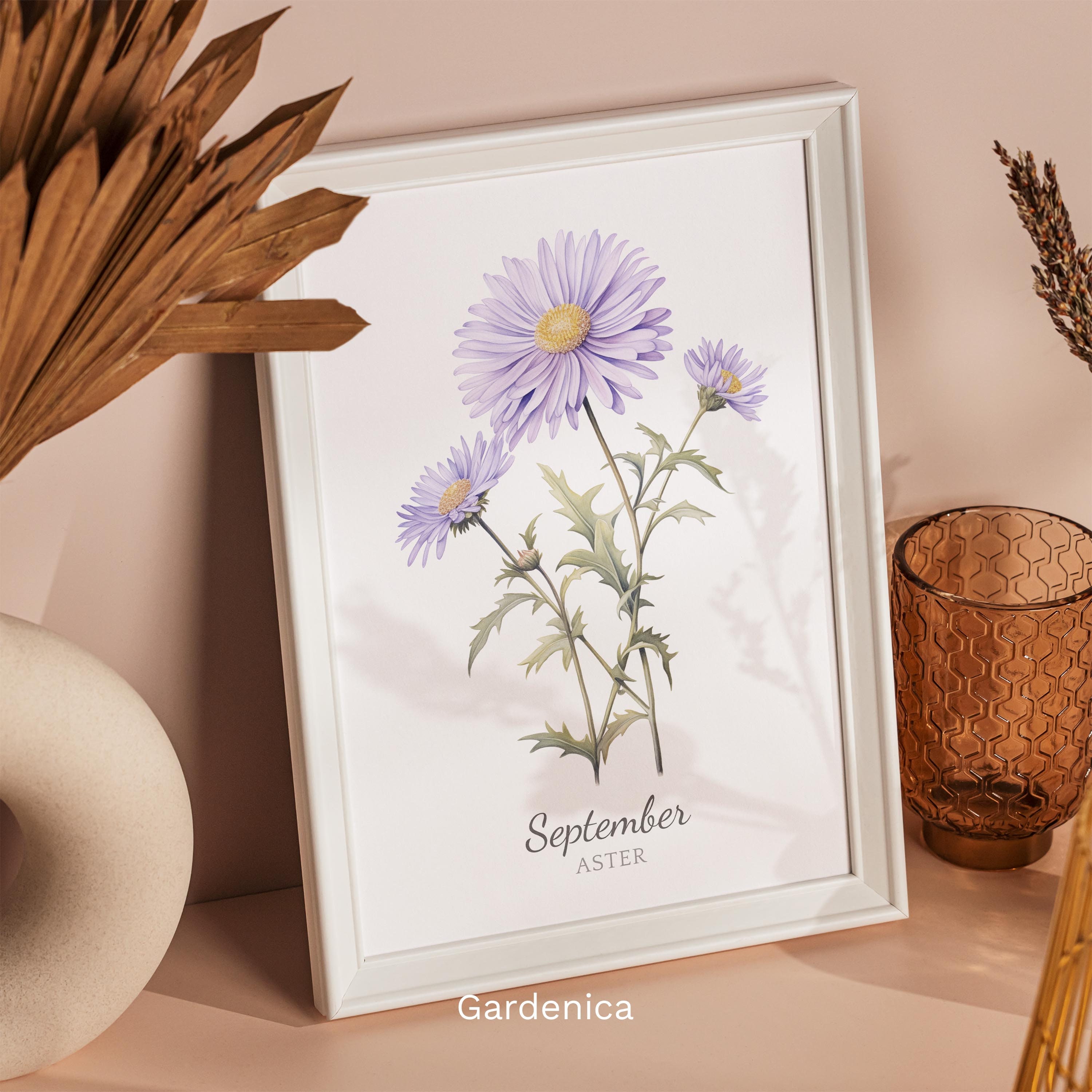 Aster September Birth Flower Watercolor Print, Minimalistic Floral Art ...