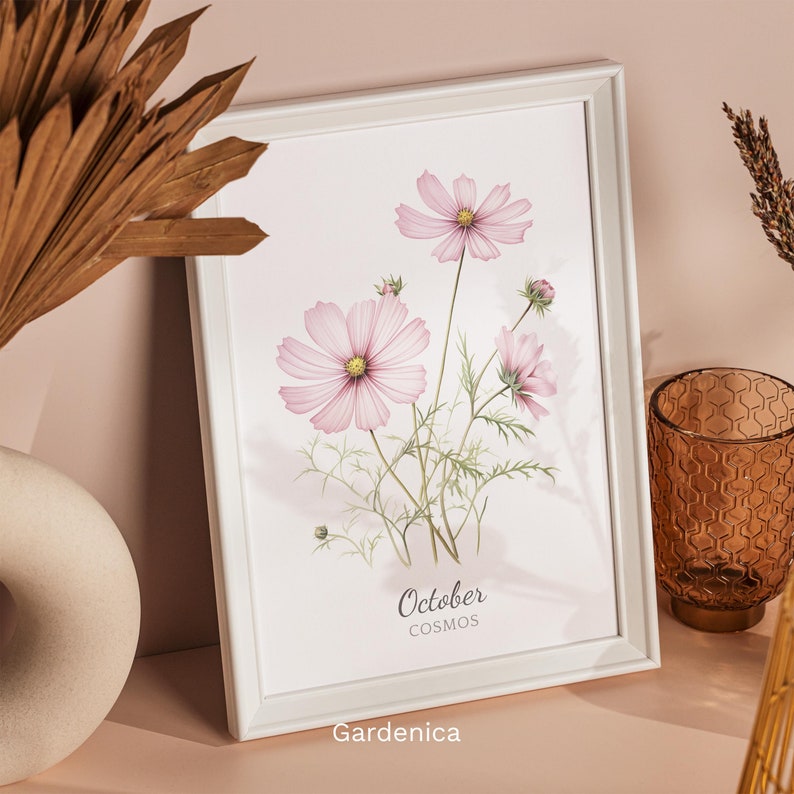 Cosmos October Birth Flower Watercolor Print, Minimalistic Floral Art ...