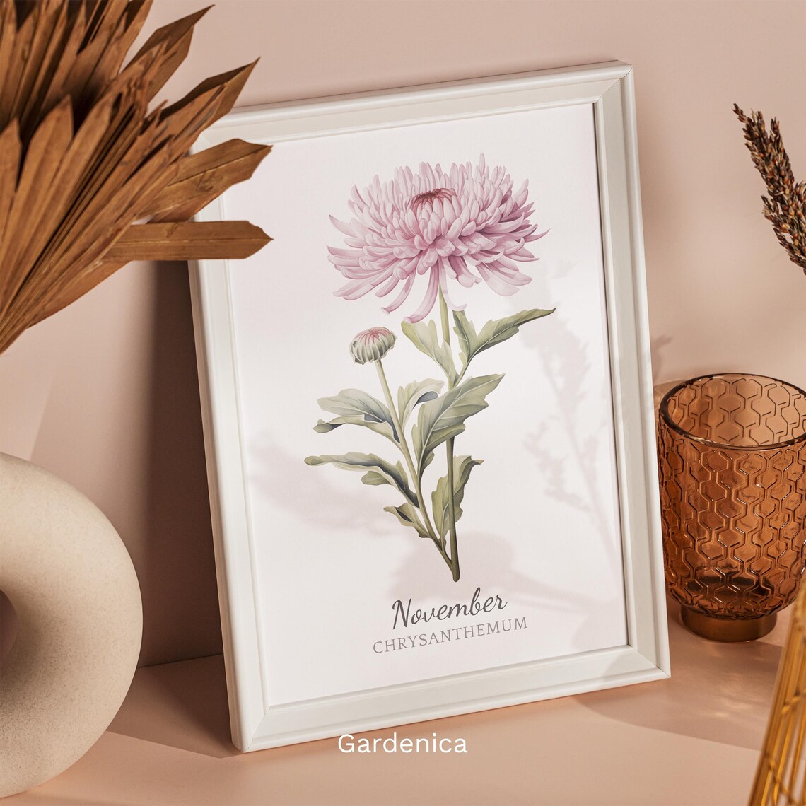 Chrysanthemum November Birth Flower Watercolor Print, Minimalistic ...