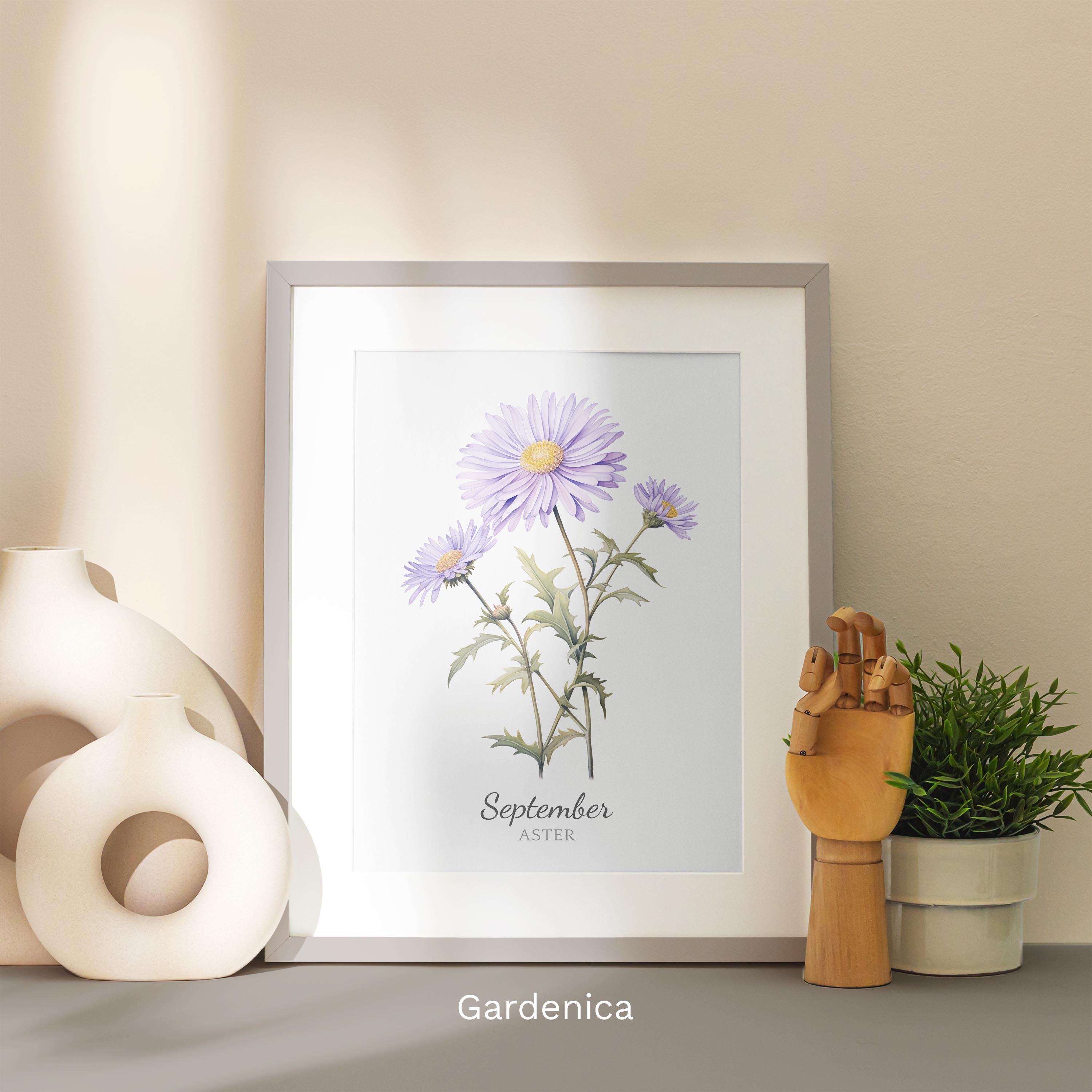 Aster September Birth Flower Watercolor Print, Minimalistic Floral Art ...