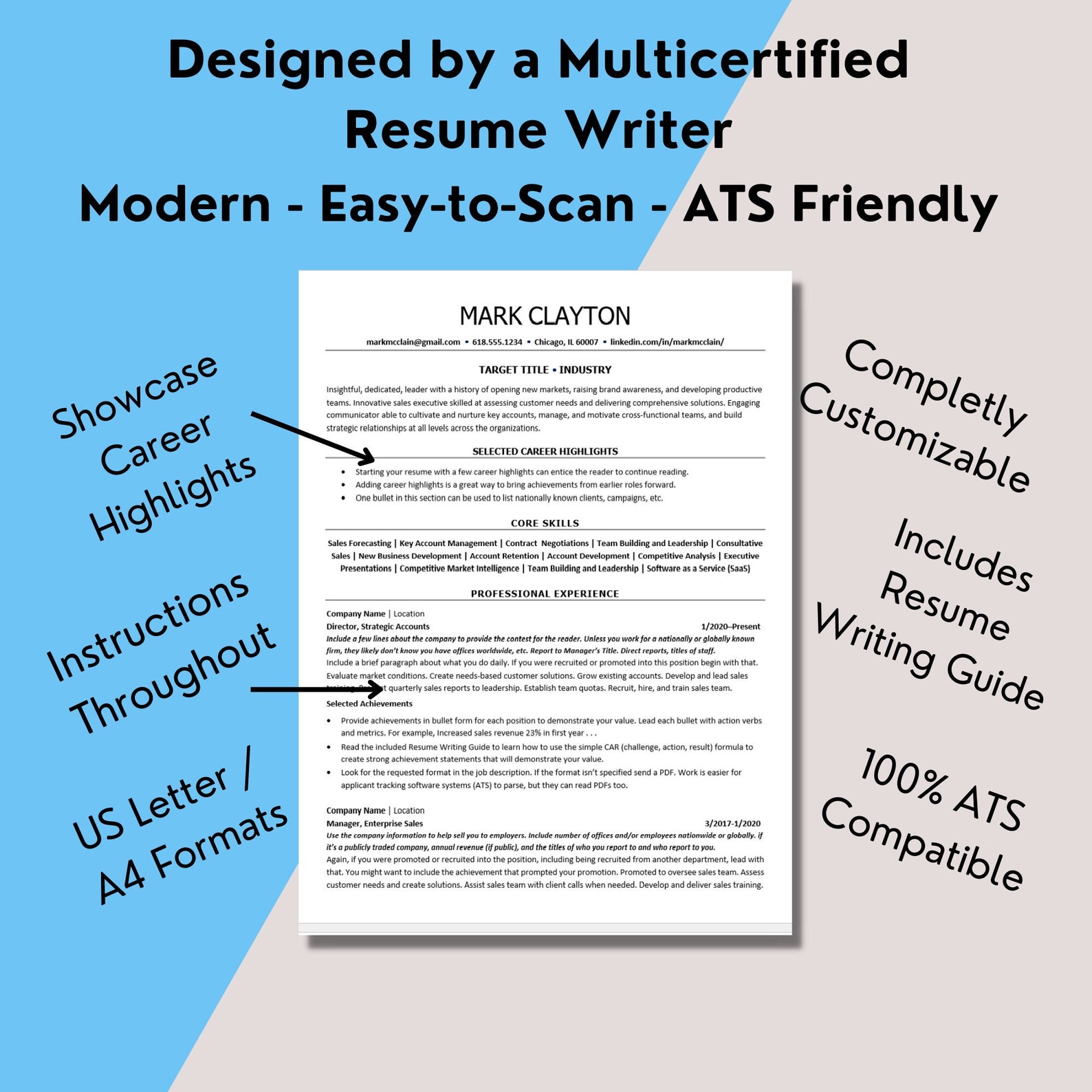 Executive ATS Compatible Resume, Modern Design, Manager, Director, C ...