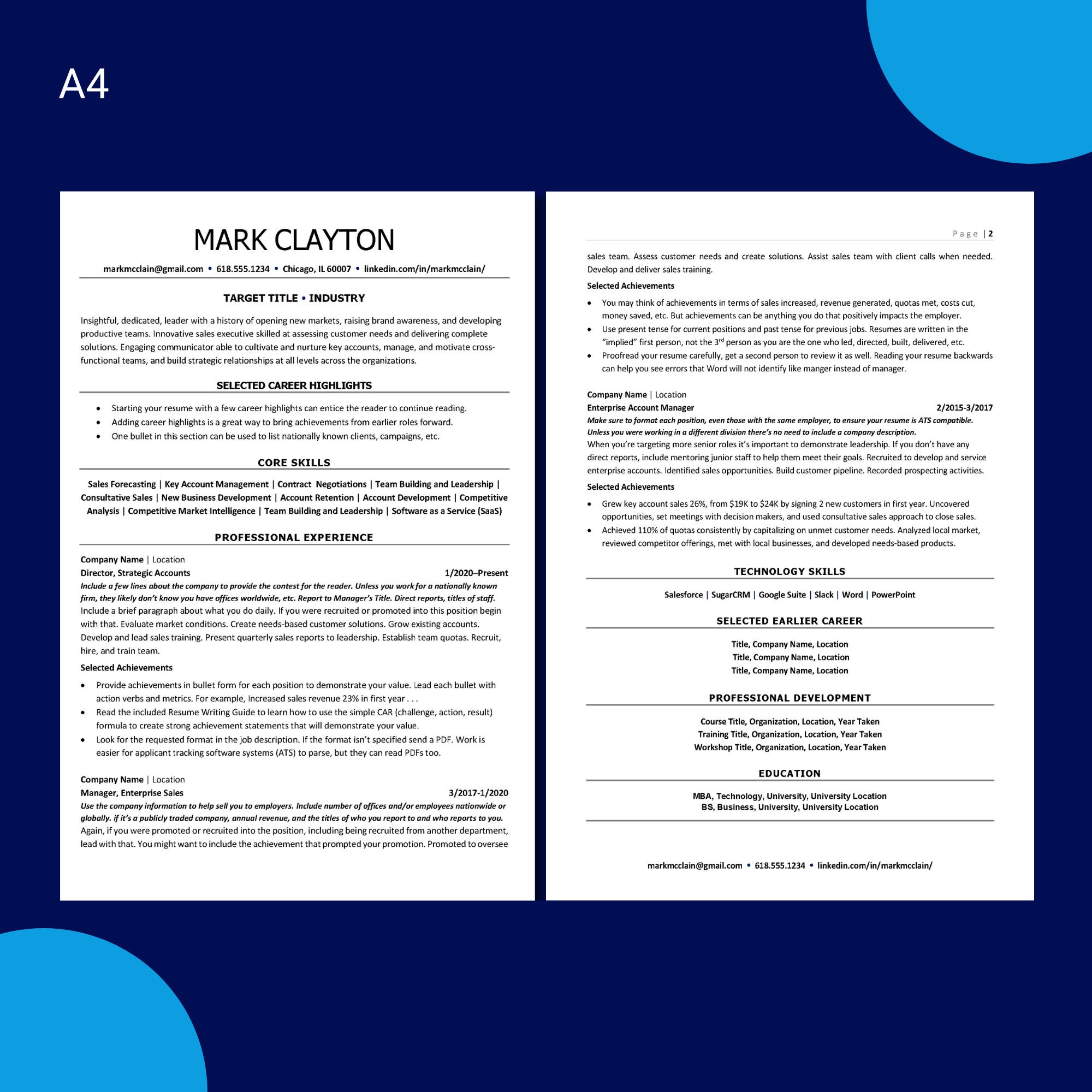 Executive ATS Compatible Resume, Modern Design, Manager, Director, C ...