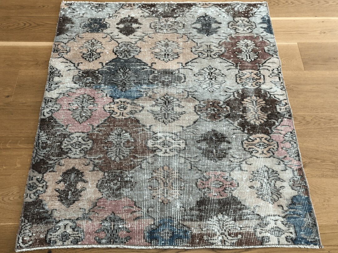 4x4 Checkered Square Turkish Rug, Kitchen Rug, Square Decor Rug ...