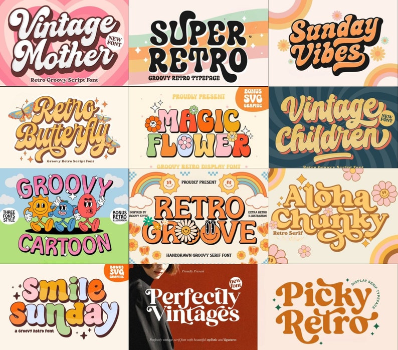 Retro Groovy Font Bundle and Graphics Bundle | OTF, TTF, Svg, Dxf | 90s ...