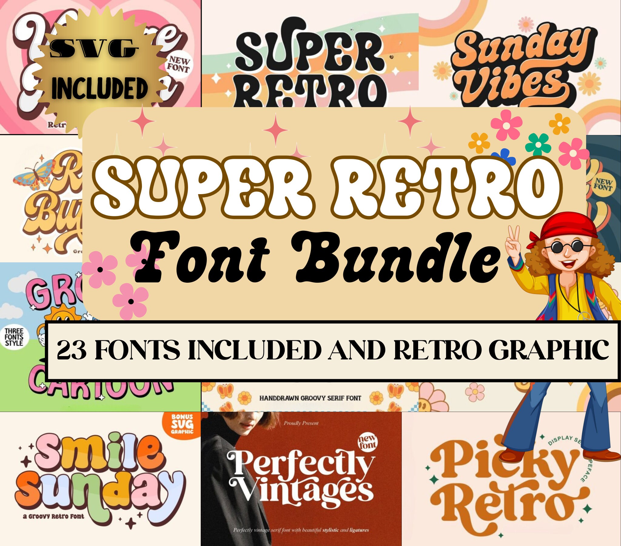 Retro Groovy Font Bundle and Graphics Bundle OTF, TTF, Svg, Dxf 90s,80s ...