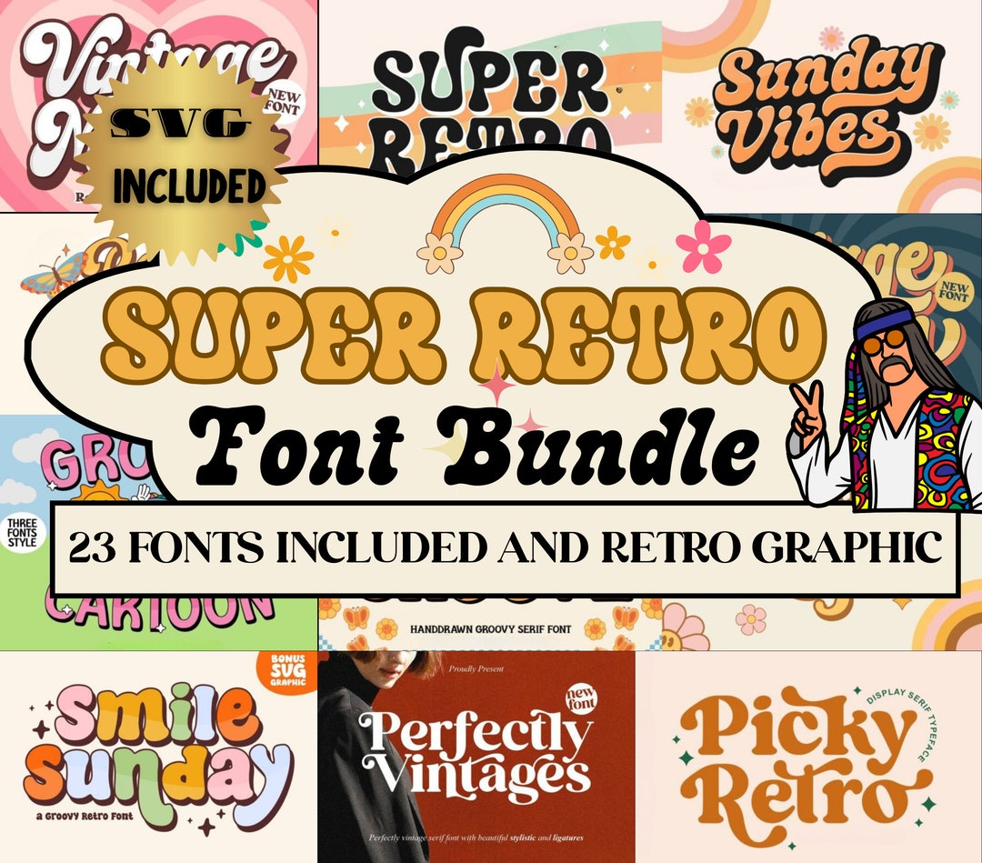 Retro Groovy Font Bundle and Graphics Bundle | OTF, TTF, Svg, Dxf | 90s ...