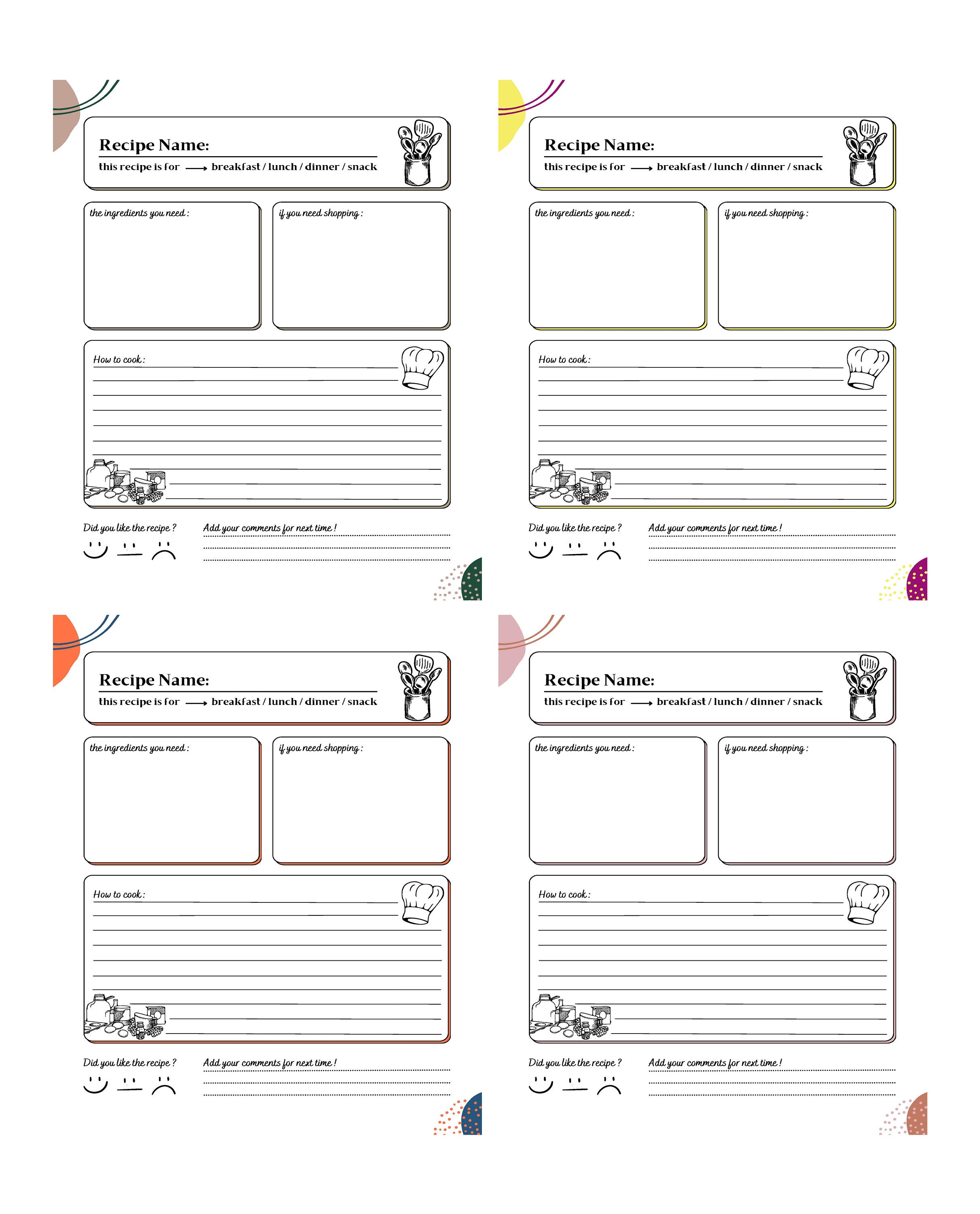 Recipe Card Template|editable Recipe Cards|recipe Card Printable ...