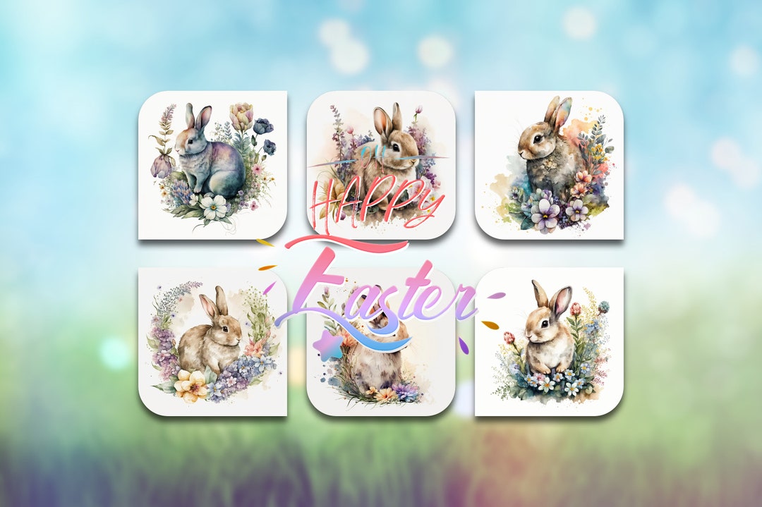 Easter Bunny Clip Art Set Featuring Watercolor Bunny, Rabbit, Flowers ...