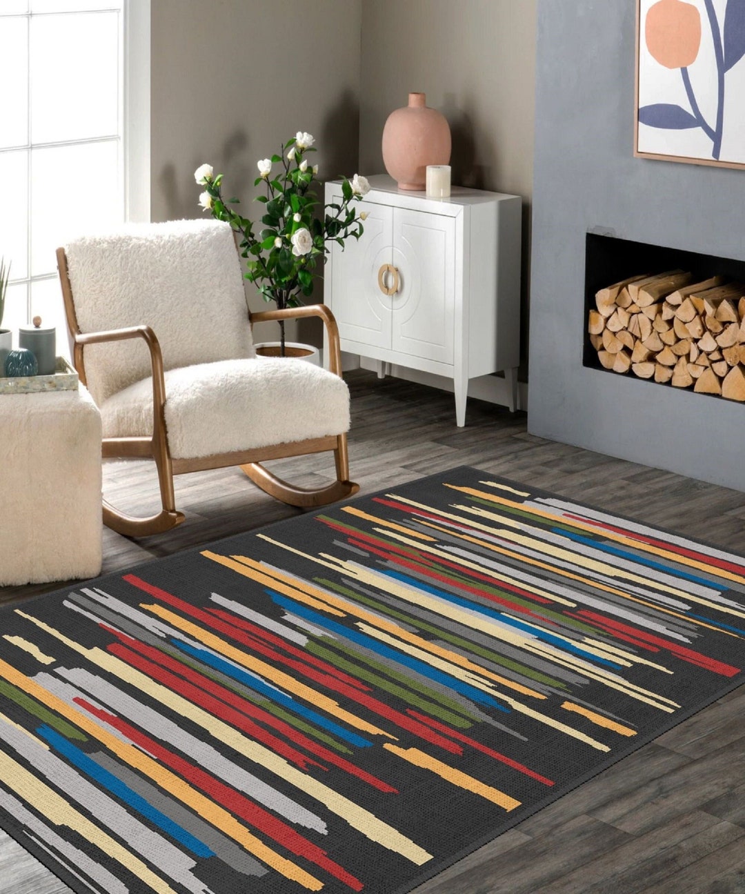 Kilim Patterned Modern Farmhouse Rug, Striped Rug in Ethnic Style ...