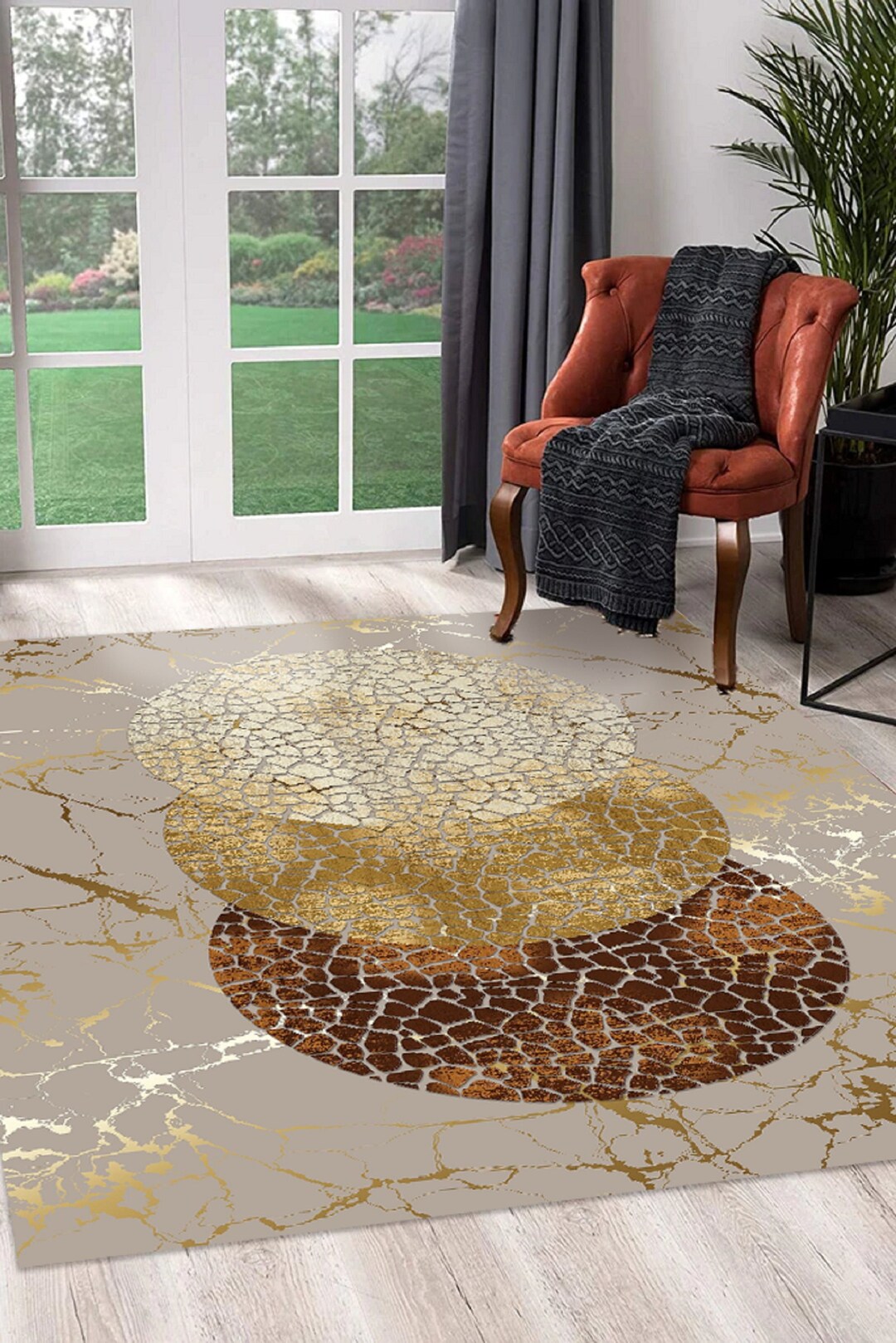 Gold Detailed Luxurious Saloon Rug, Scandinavian Abstract Rugs ...