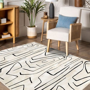 Contemporary Beige and Black Living Room Rug, Dining Table Stain ...