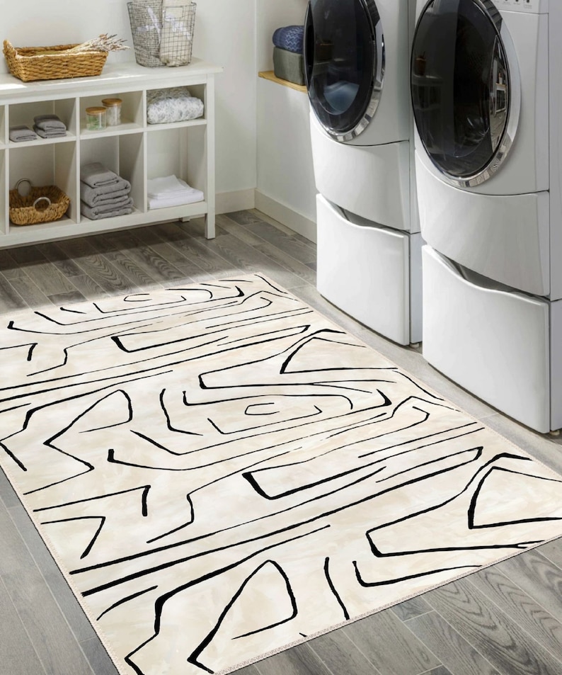 Contemporary Beige and Black Living Room Rug, Dining Table Stain ...