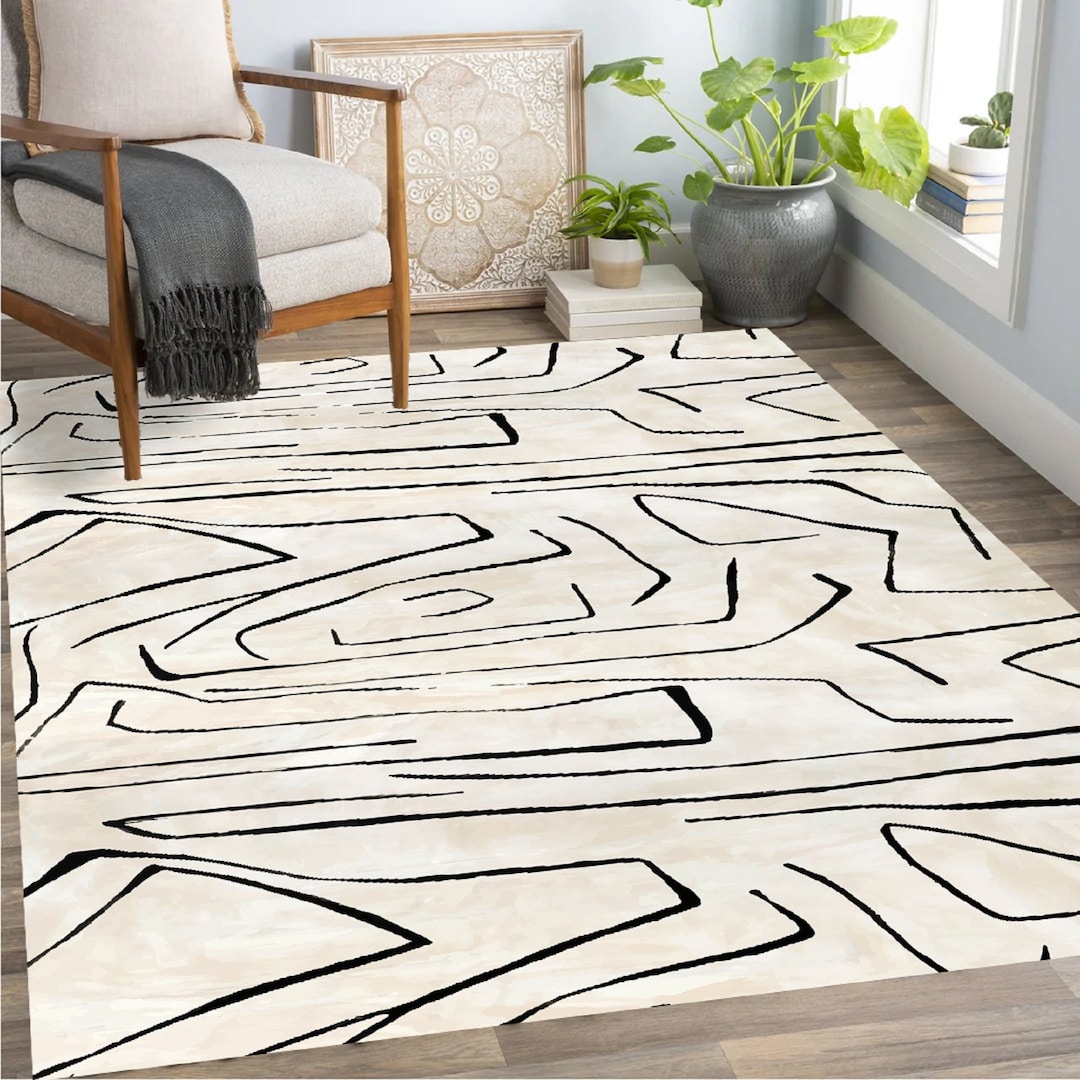 Contemporary Beige and Black Living Room Rug, Dining Table Stain ...