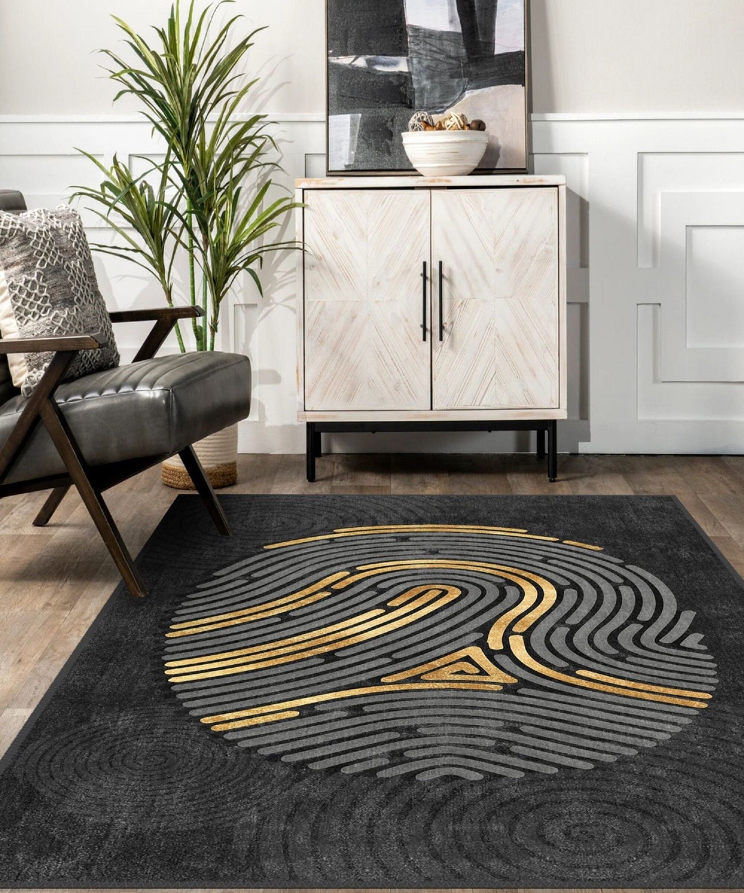 Rugs for Livingroom, Abstract Black Rug, Finger Print Art Carpet, Boho ...