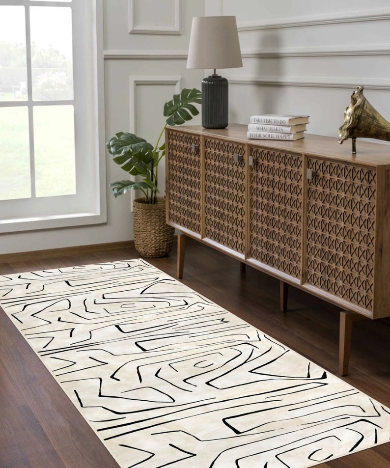 Contemporary Beige and Black Living Room Rug, Dining Table Stain ...