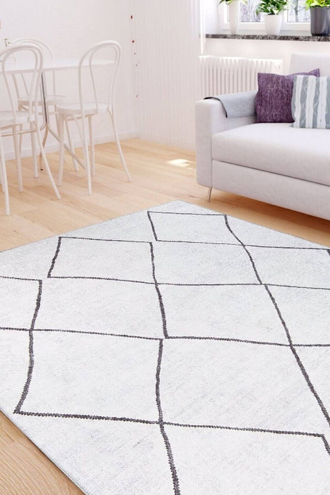 Scandinavian Style White Geometric Rug, Modern Soft Rug for Bedroom ...