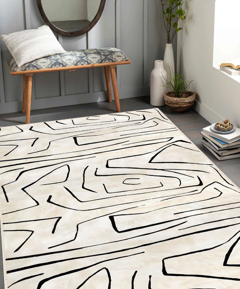 Contemporary Beige and Black Living Room Rug, Dining Table Stain ...