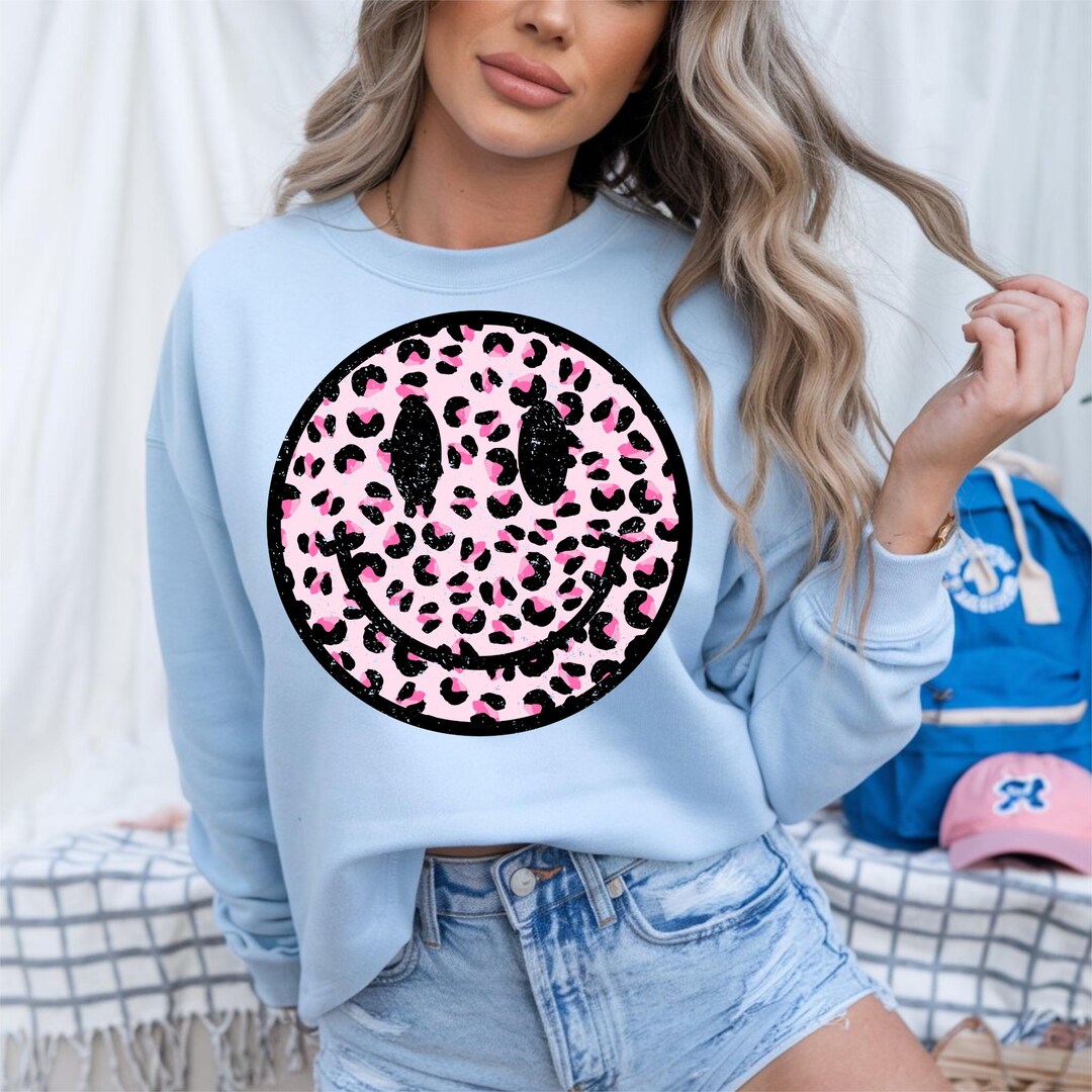 Pink Leopard Happy Face Png, Sublimation Png, Instant Download, Trendy ...