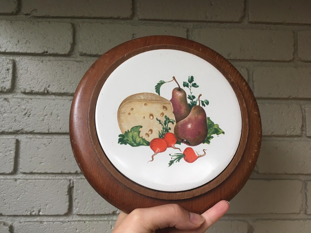 Vintage 80s-90s Wood and Tile Round Trivet, Cheese and Vegetable ...