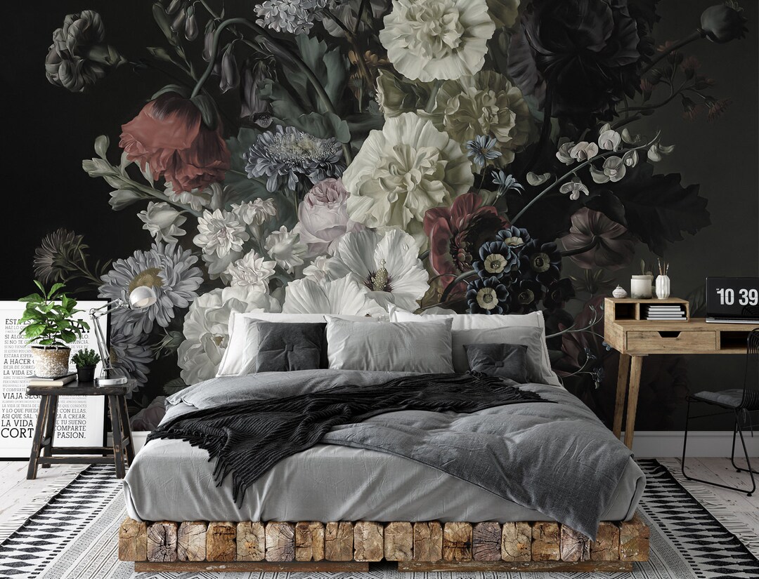 Dark Floral Wallpaper Mural in Lilac Bouquet of Flowers for Home ...