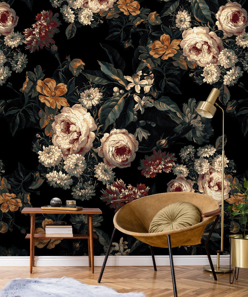 Dark Floral Wallpaper Mural With Traditional Flower Garden for Home ...