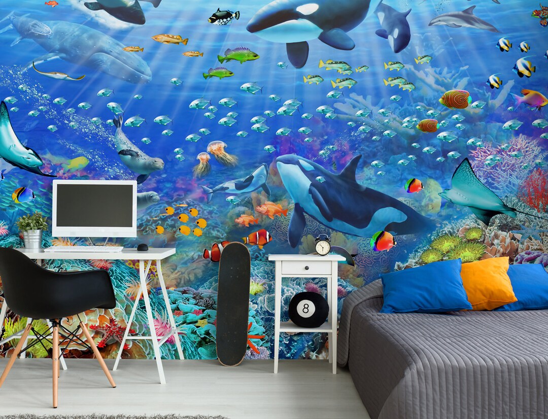 Underwater Scenery Wallpaper Mural With Fish & Sea Life for Playroom ...