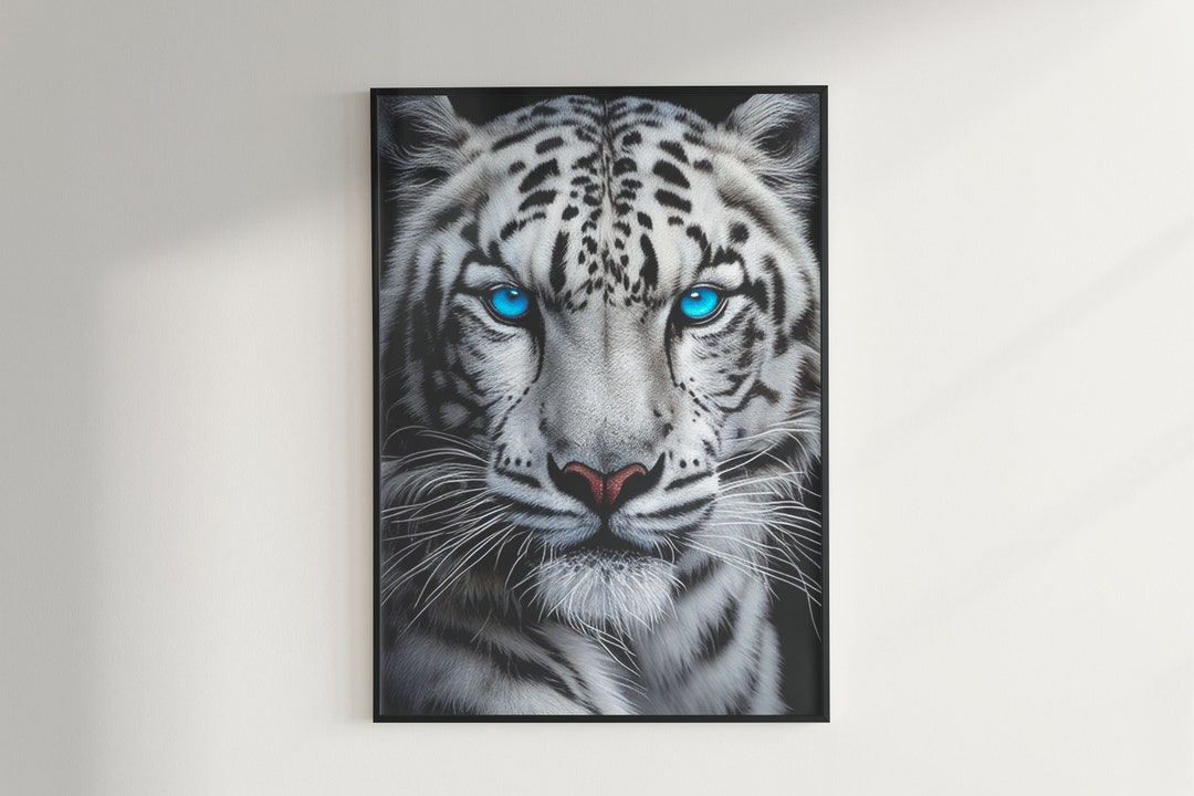 Snowy Spectacles: Beautiful White Tiger Art With Blue Eyes, Digital ...