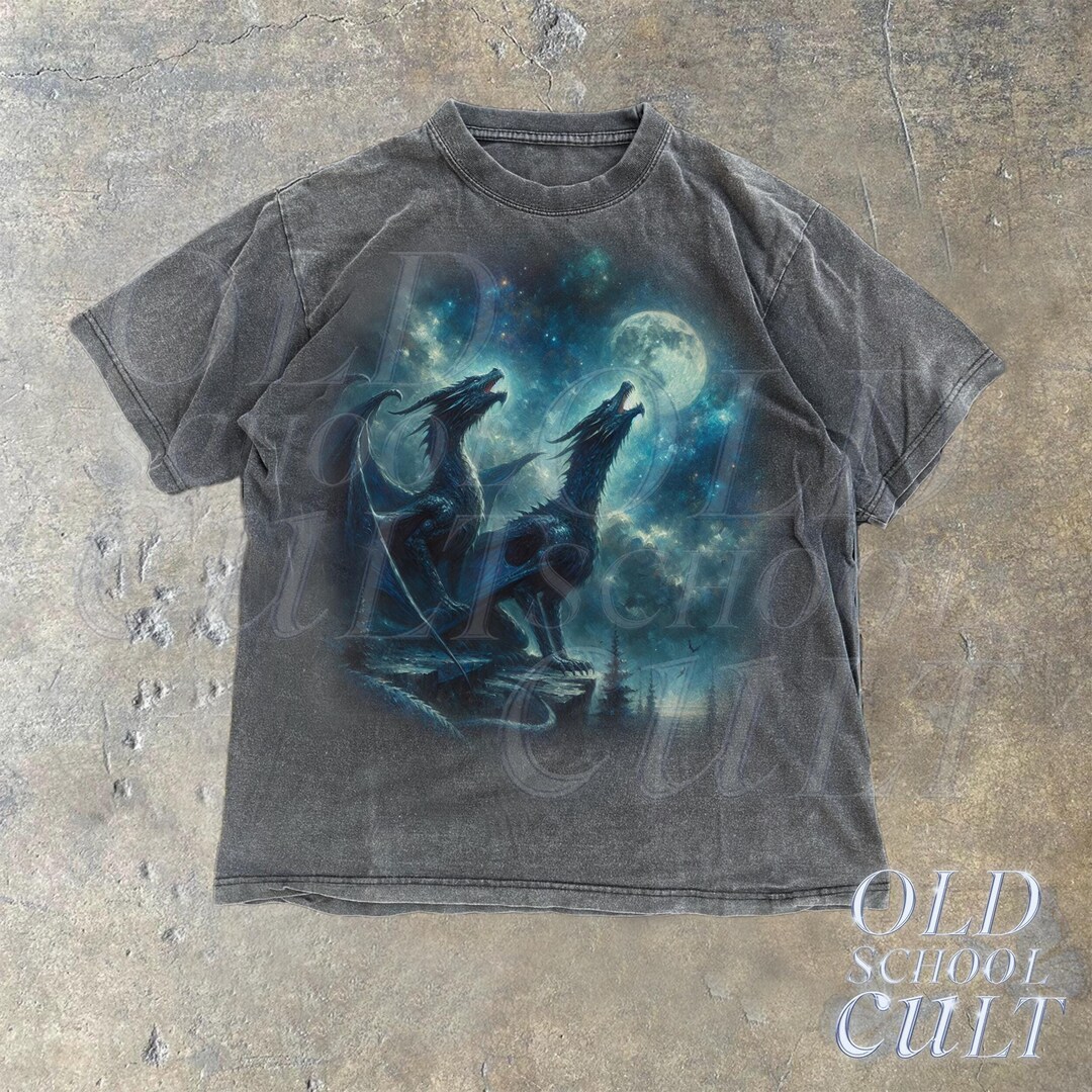 Two Dragon Retro Graphic T-shirts, Vintage Dragon Fantasy Moon Tshirt ...