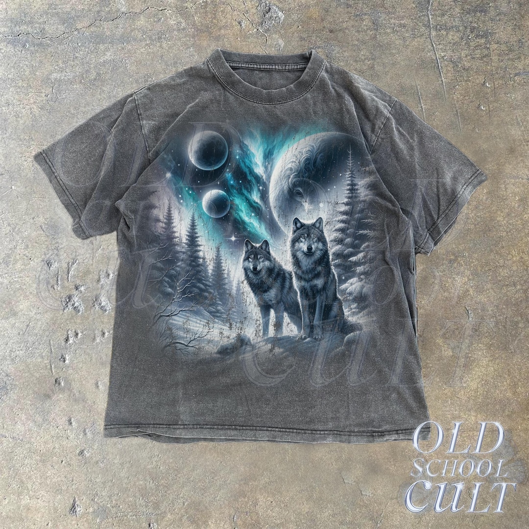 Two Wolf Mystical Snowy Forest Moon Vintage Graphic T-shirts, Vintage ...