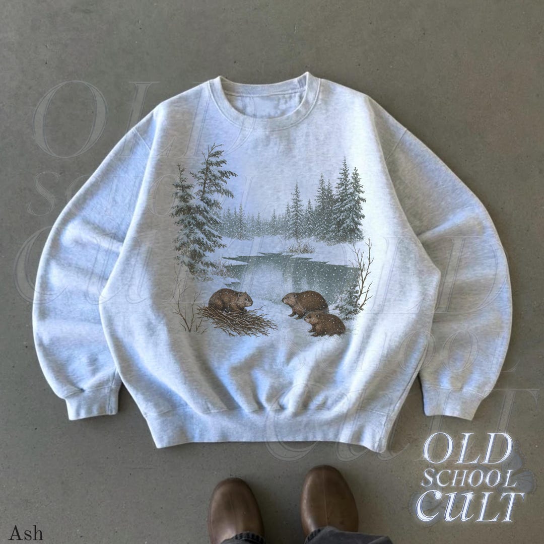 Retro Beaver Winter Snow Sweatshirt , 90s Vintage Mountain Pine Trees ...