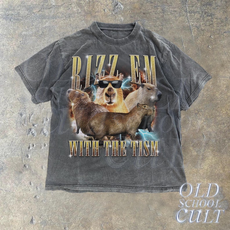 Rizz Em With the Tism Vintage Graphic Shirt, Retro 90s Funny Capybara ...