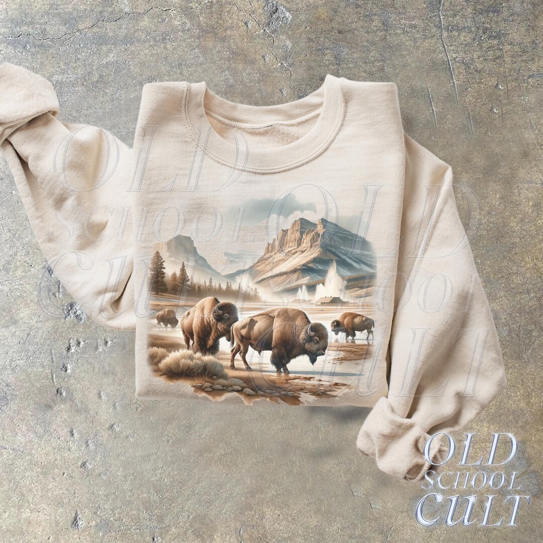 Retro Bison Roaming A Geyser Basin Wilderness 90s Sweatshirt, Vintage ...