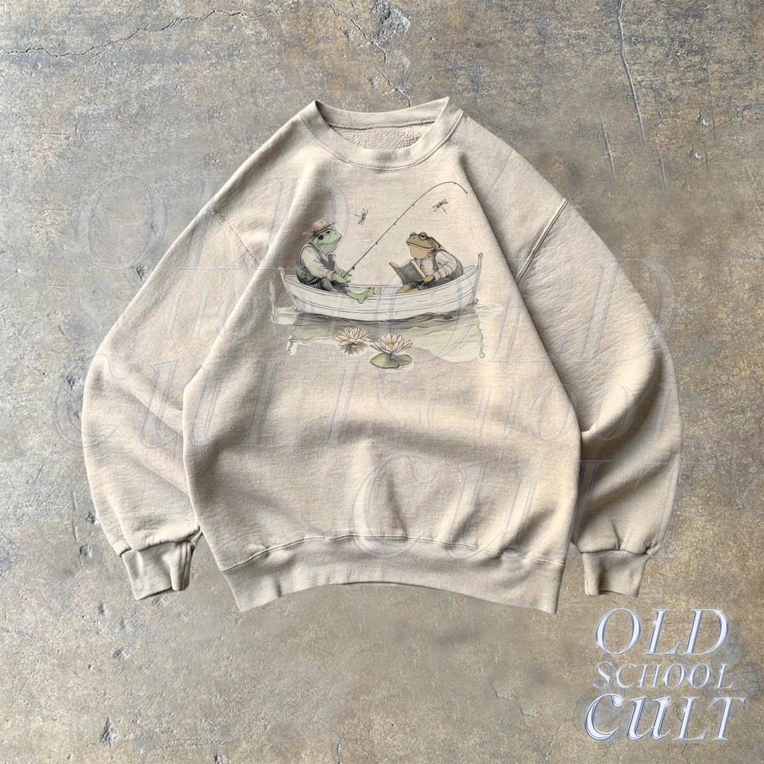 Two Fishing Frogs Vintage Style Sweatshirt, Retro Frog Fisher Sweater ...
