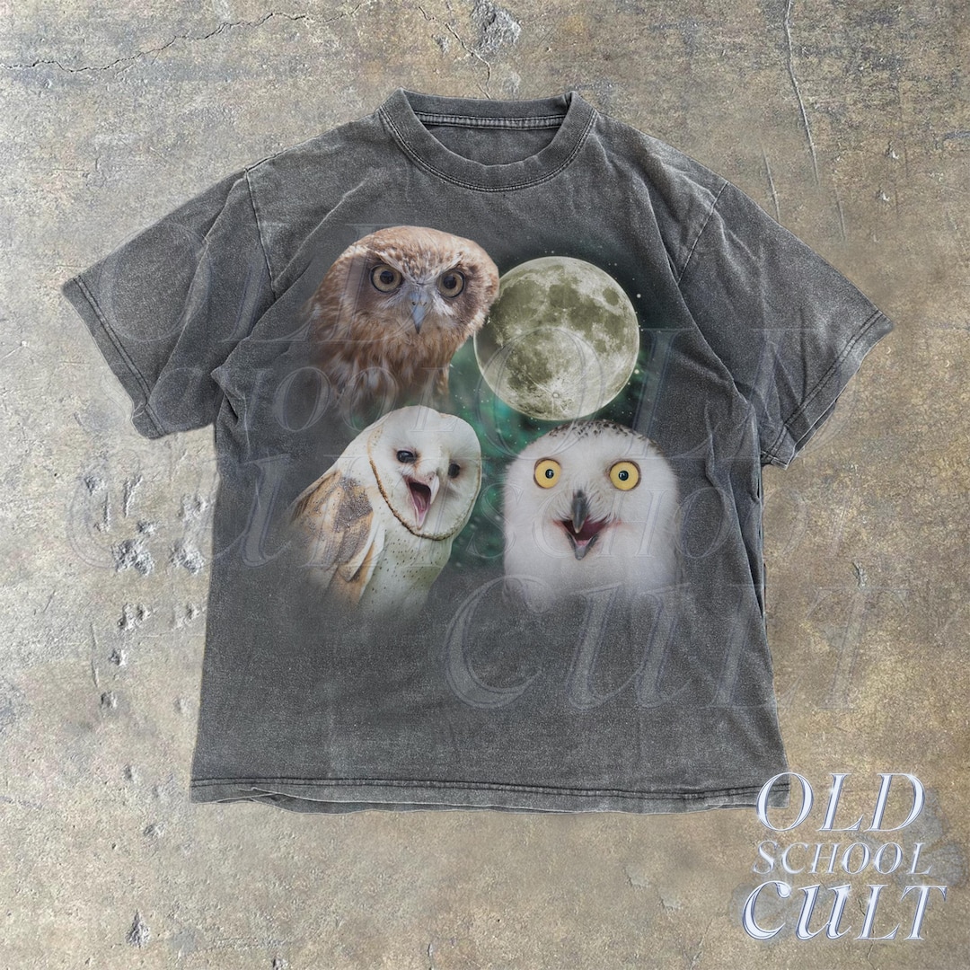 Three Owls Funny Vintage Graphic T-shirts, Retro Silly Owl Moon Tshirt ...