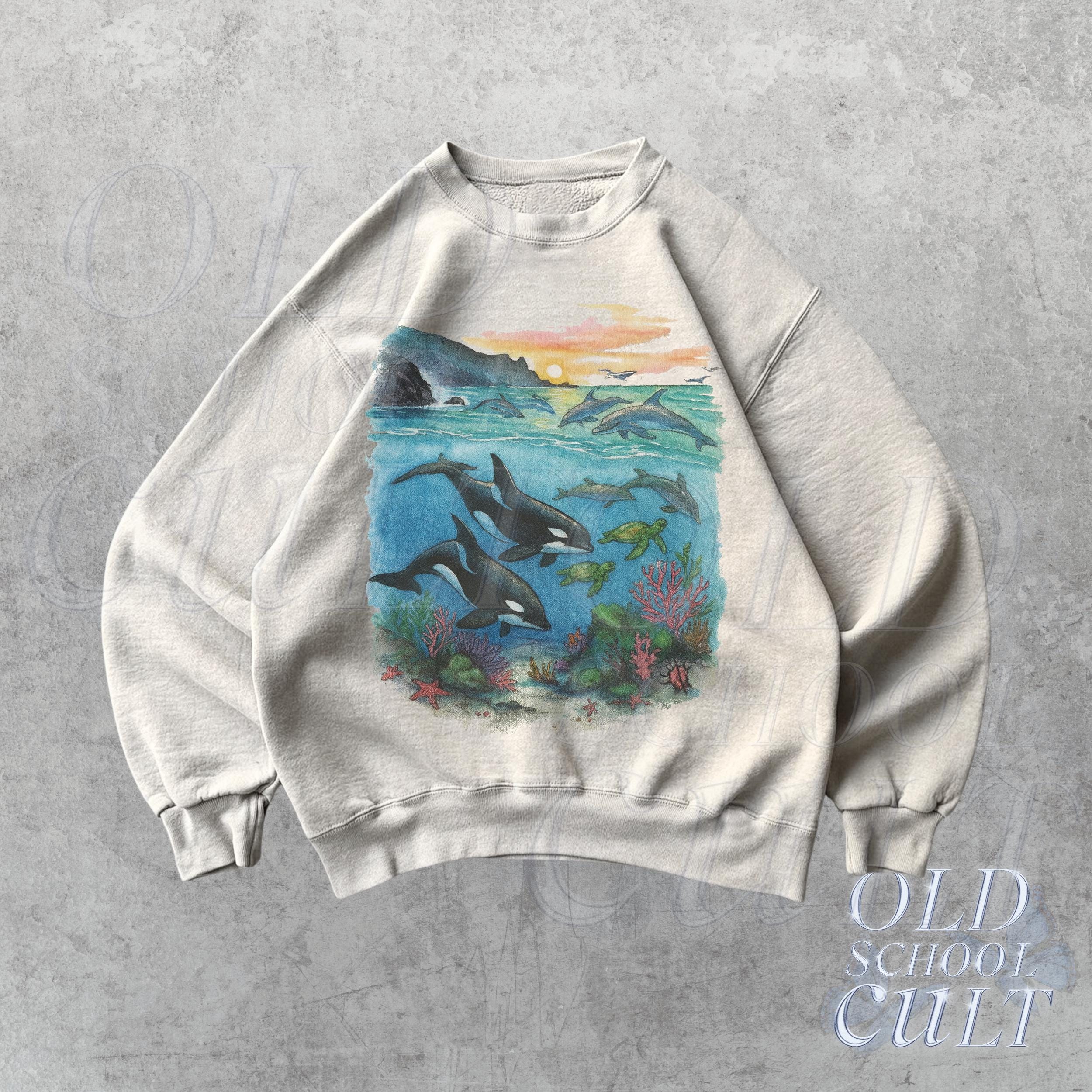 Orcas Sunset Sea Scene Vintage 90s Sweatshirt, Retro Ocean Dolpin ...