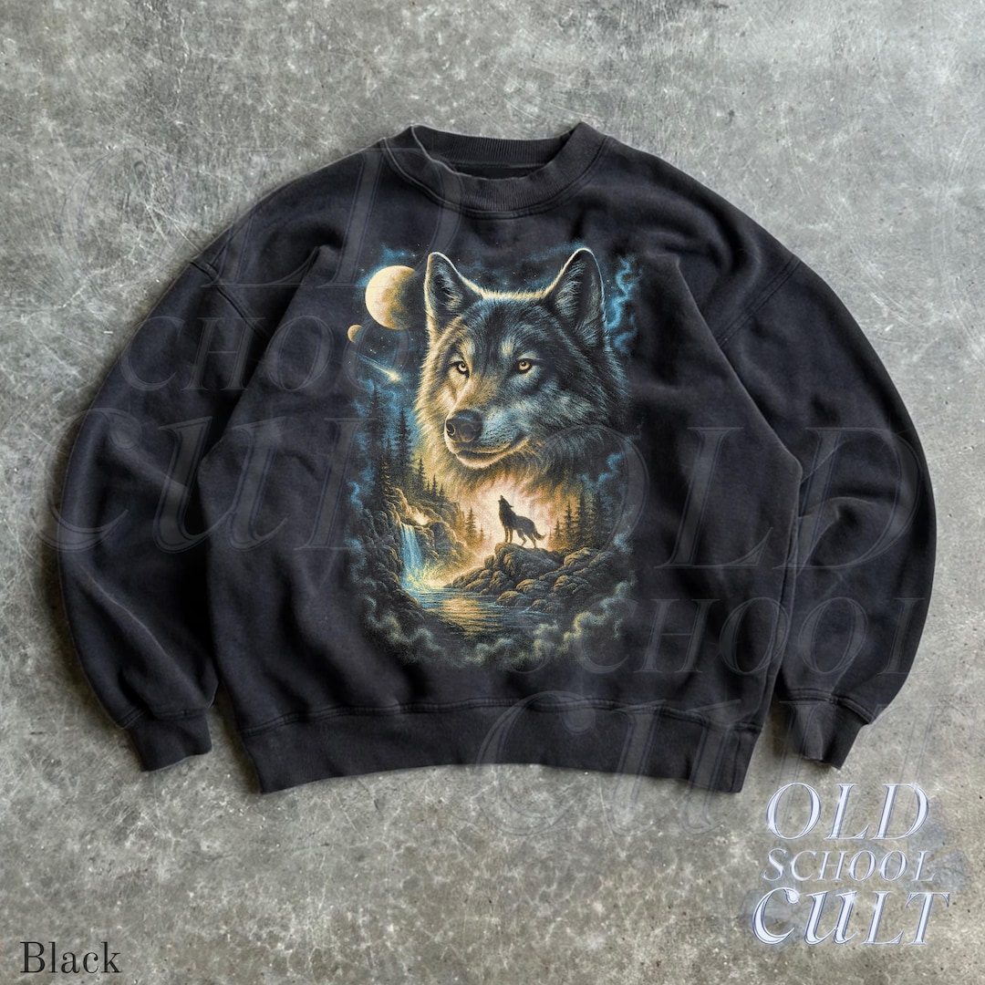 Wolf Vintage 90s Style Sweatshirt, Retro Wolf Sweater, Cute Wolf Moon ...