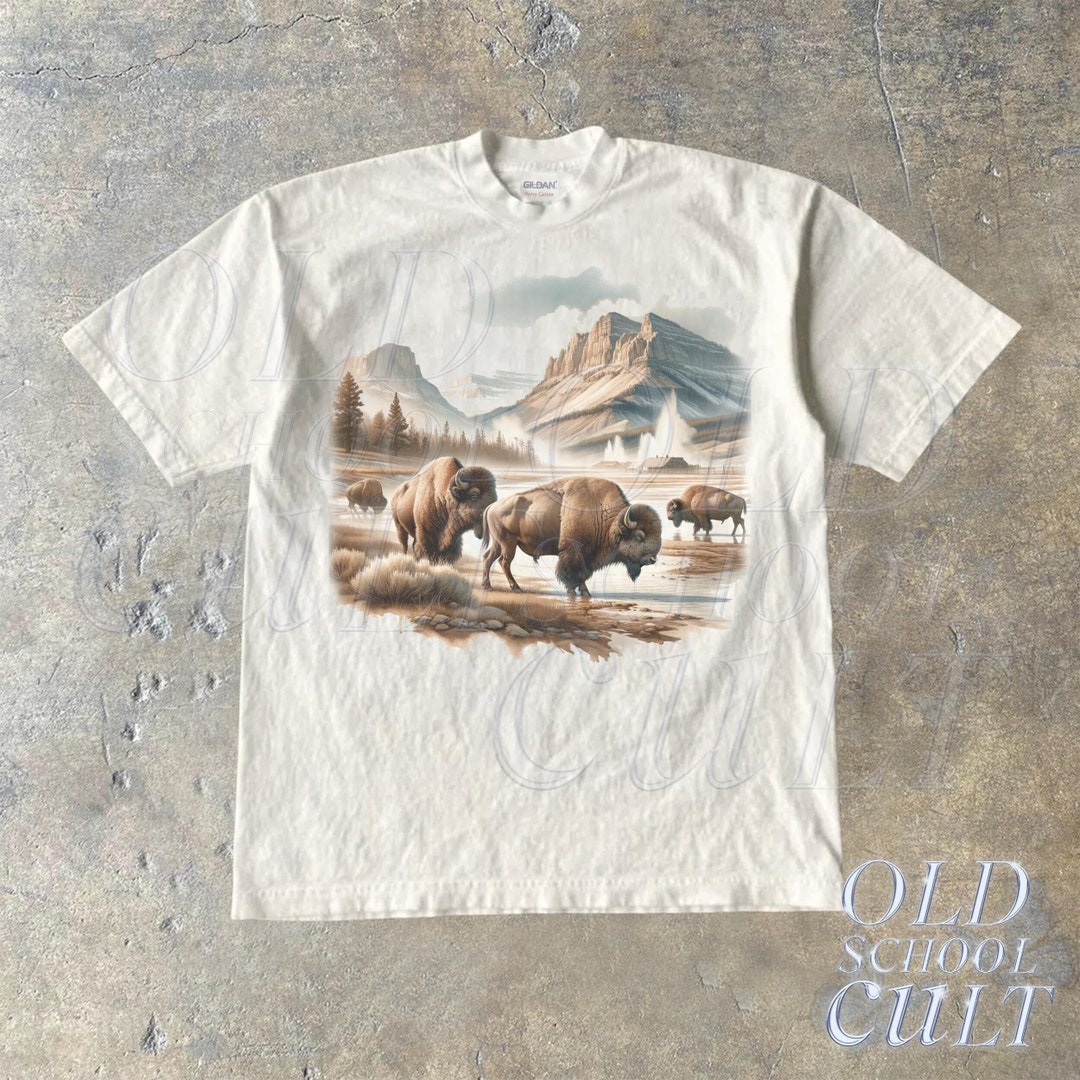 Vintage Bison Roaming A Geyser Basin Wilderness 90s Shirt, Retro Bull ...