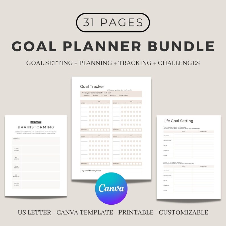 Goal Planner Bundle Template, Goal Planning, Planner Kit, US Letter ...