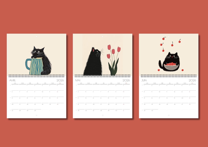 Customizable Black Cat Calendar or 2026 - Cat Lover, Minimalist Black ...