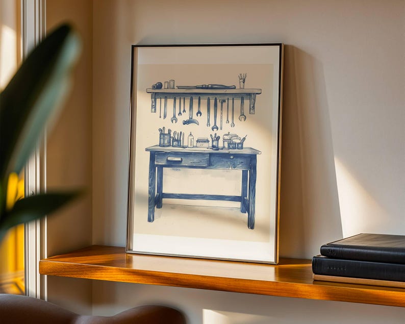 Carpenter's Workshop Poster - Vintage Blue Workbench Poster ...