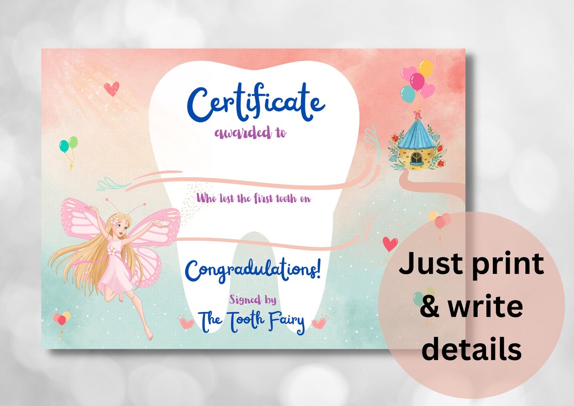 Tooth Fairy Certificate, Printable Digital Download, First Tooth, Tooth ...