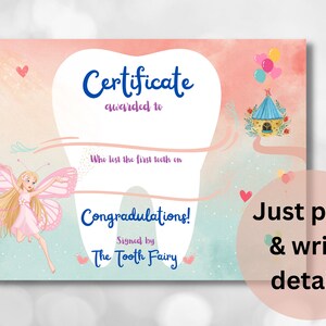 Tooth Fairy Certificate, Printable Digital Download, First Tooth, Tooth ...