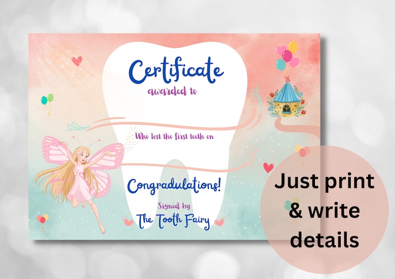 Tooth Fairy Certificate, Printable Digital Download, First Tooth, Tooth ...